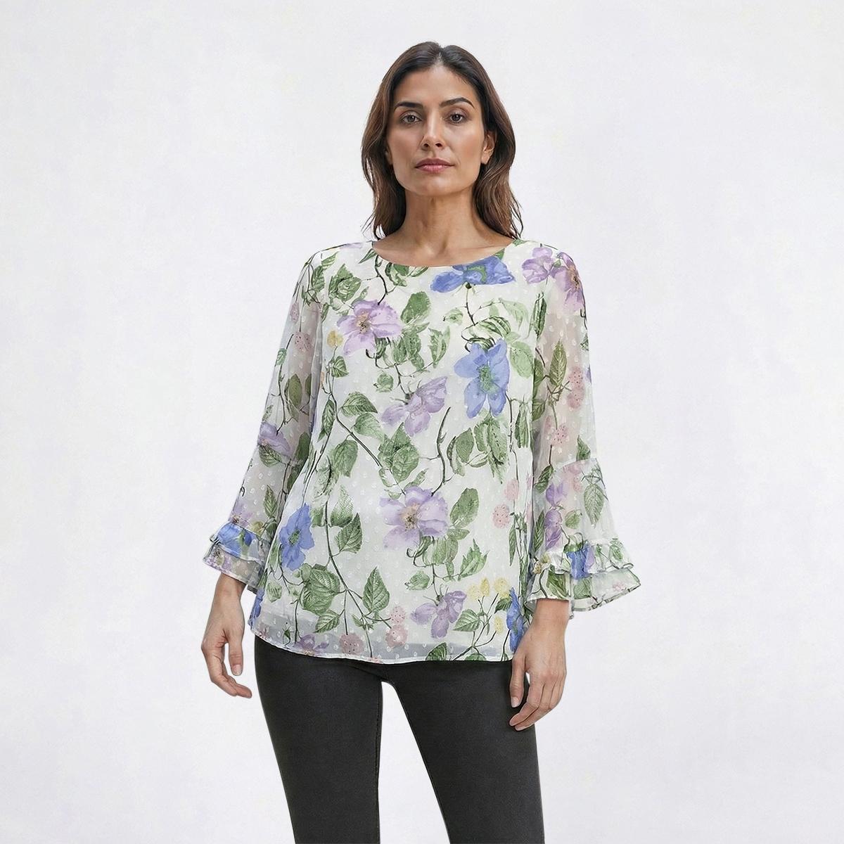 Click here for Petite Kasper Long Ruffle Sleeve Floral Clip Dot B... prices